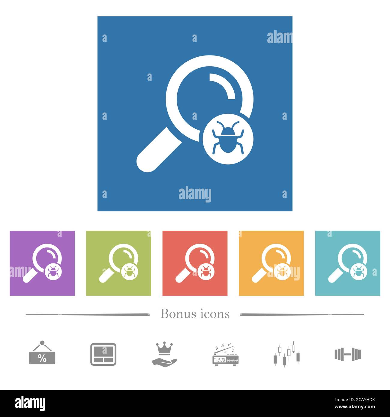 Scanning for malware flat white icons in square backgrounds. 6 bonus ...