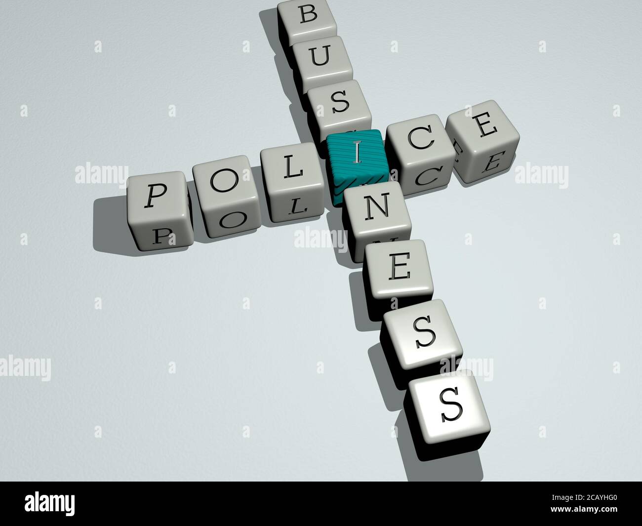POLICE BUSINESS crossword by cubic dice letters. 3D illustration ...