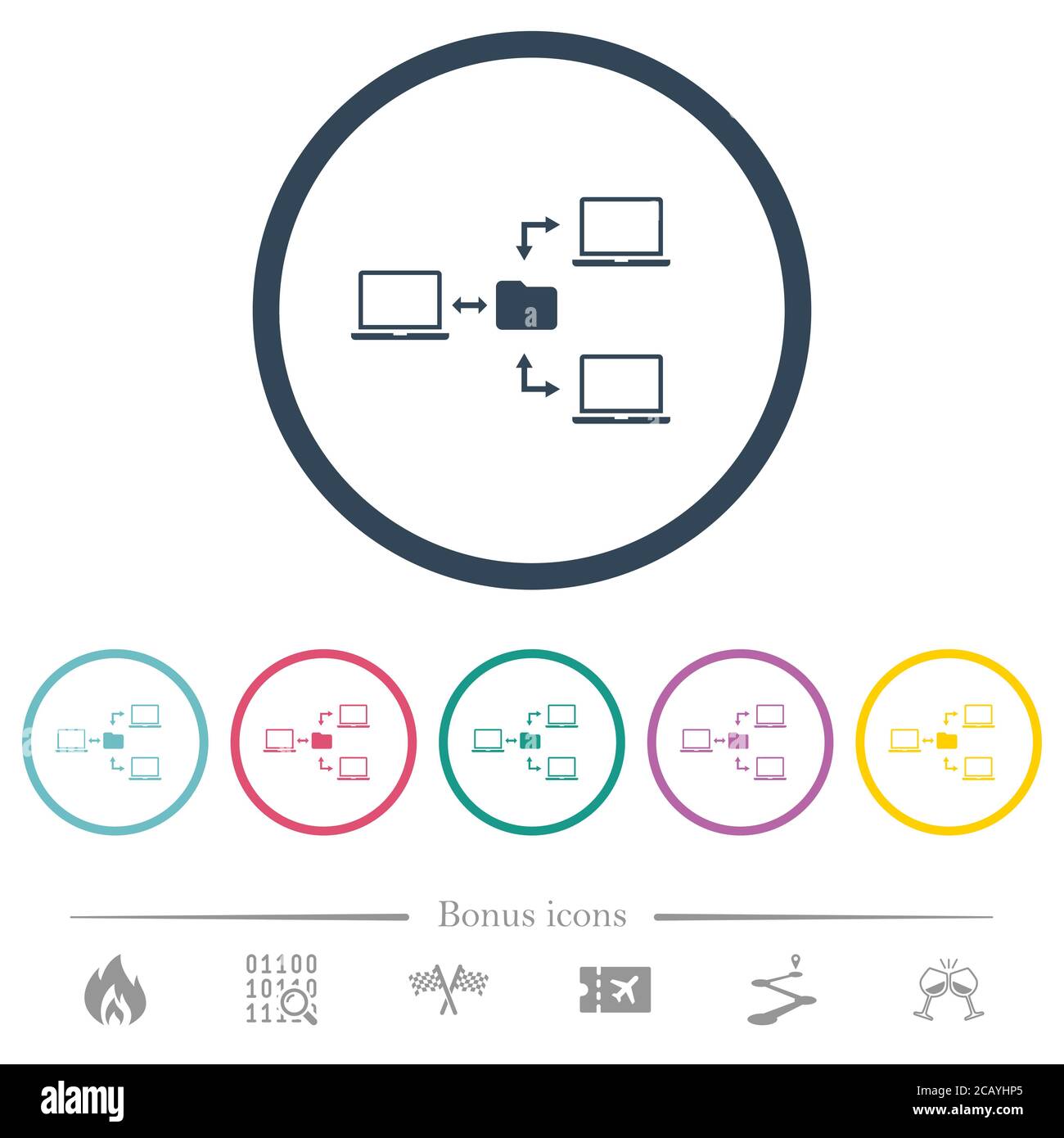 Network file system flat color icons in round outlines. 6 bonus icons ...