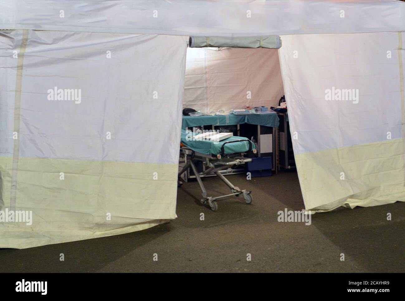 Empty hospital field tent for the first AID, a mobile medical unit for ...