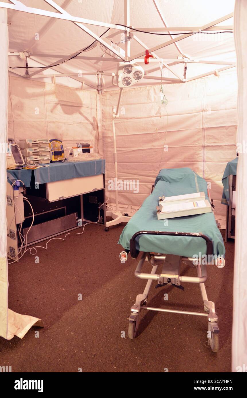 Empty hospital field tent for the first AID, a mobile medical unit for ...