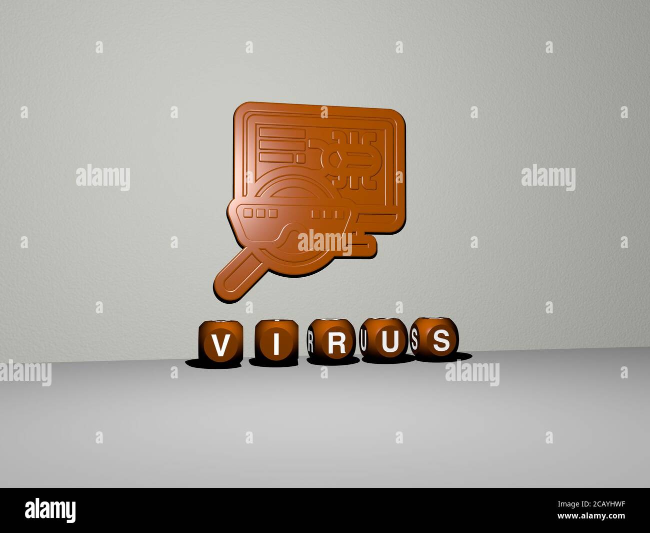 VIRUS 3D icon on the wall and text of cubic alphabets on the floor. 3D ...