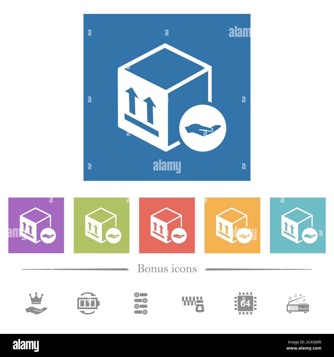 Package insurance flat white icons in square backgrounds. 6 bonus icons ...