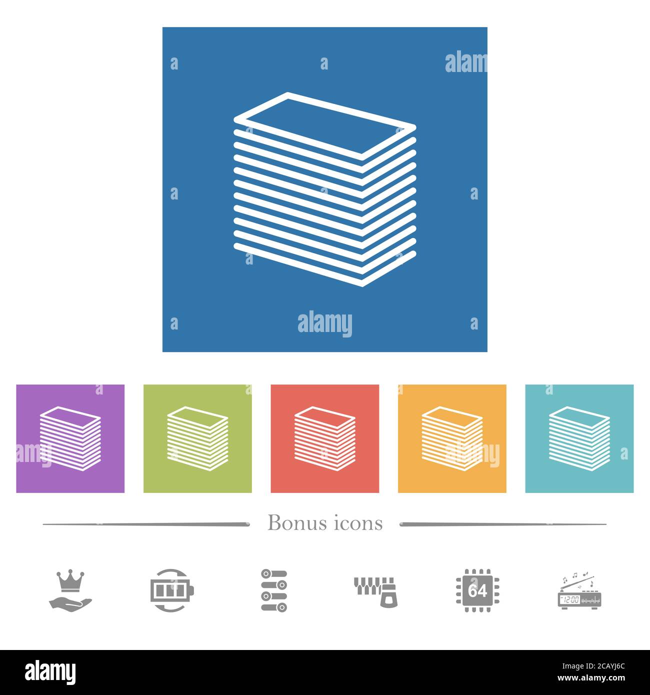 Paper stack flat white icons in square backgrounds. 6 bonus icons ...