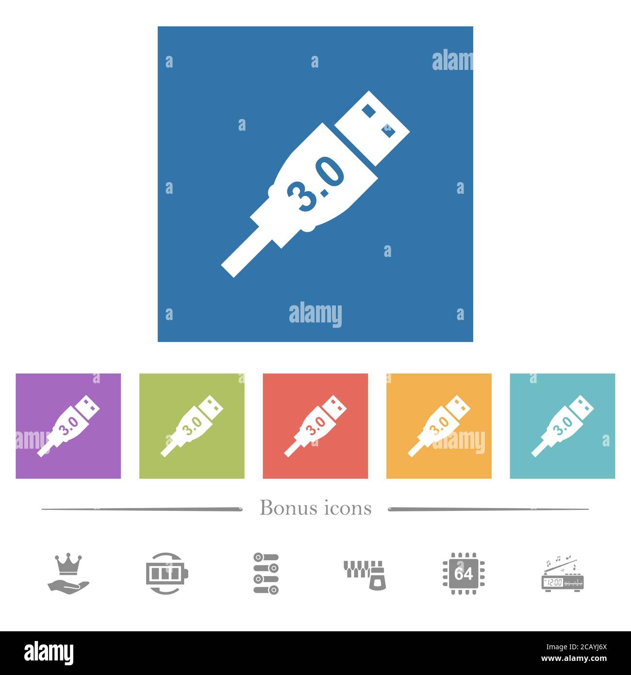 High speed USB flat white icons in square backgrounds. 6 bonus icons ...