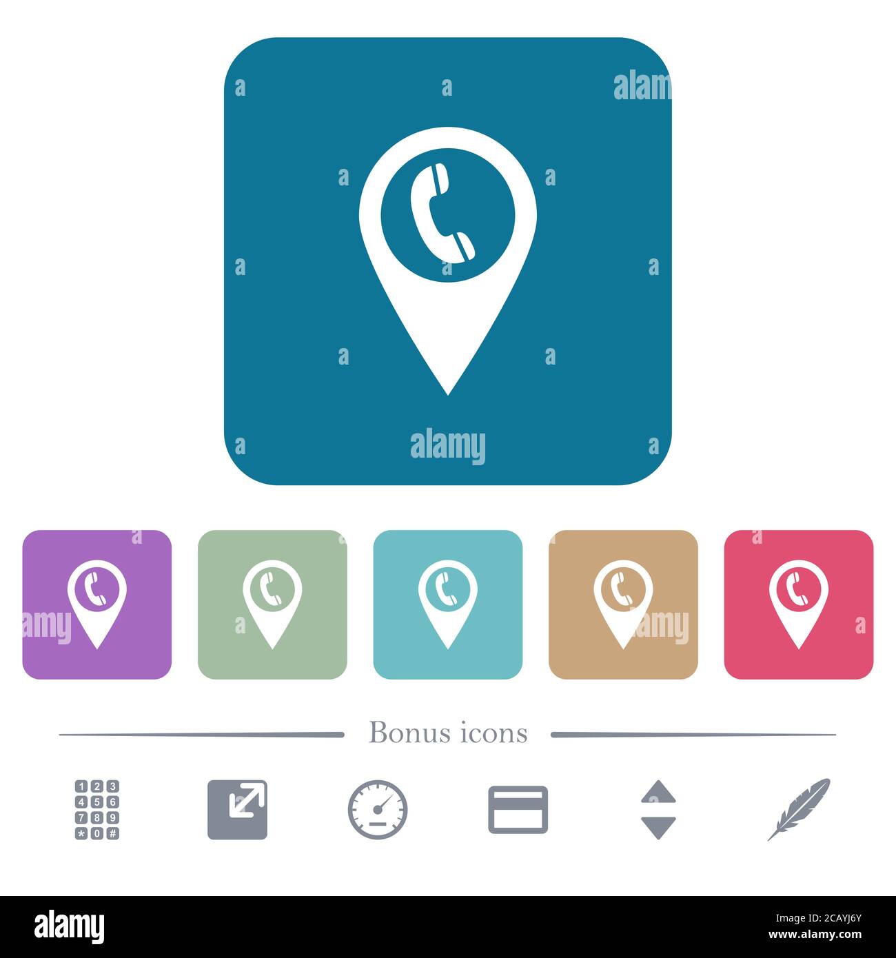 Call box GPS map location white flat icons on color rounded square ...
