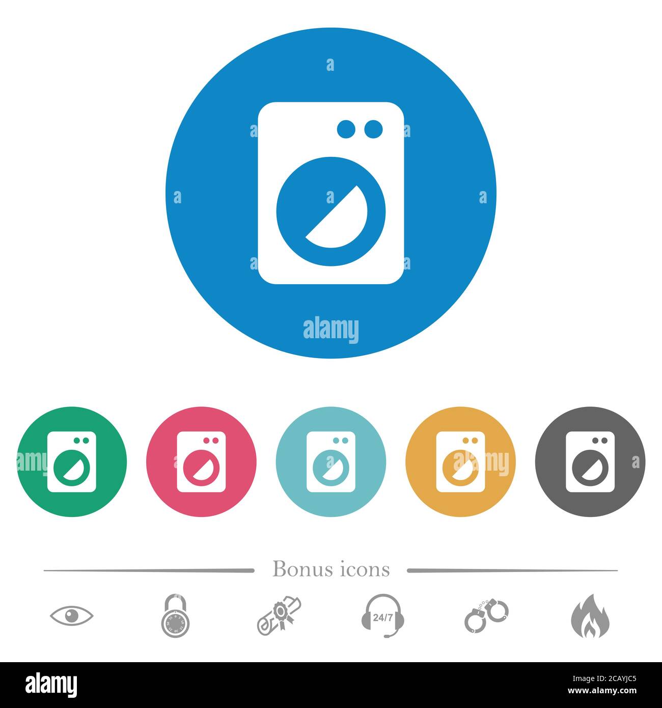Washing machine flat white icons on round color backgrounds. 6 bonus ...