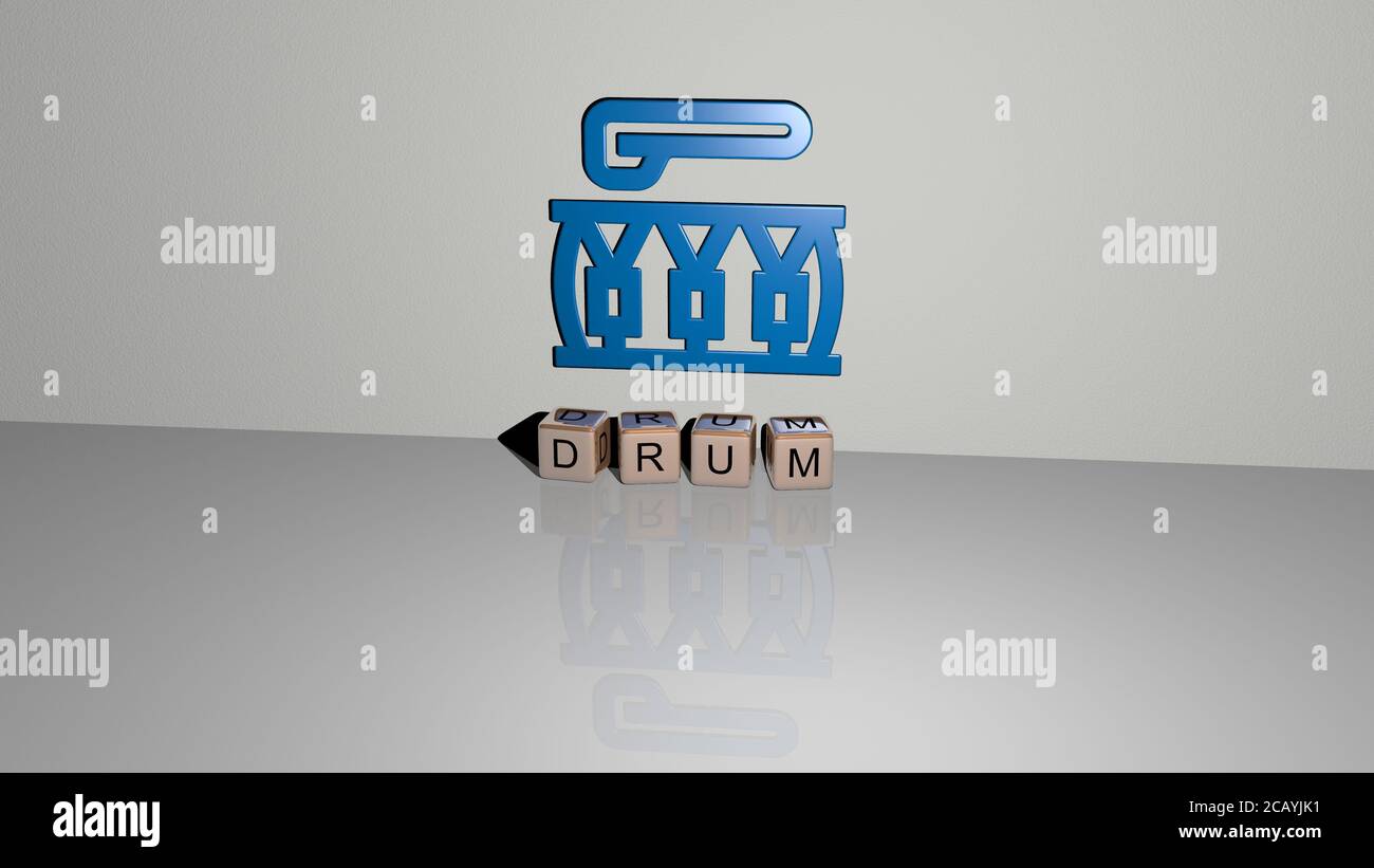 DRUM text of cubic dice letters on the floor and 3D icon on the wall ...