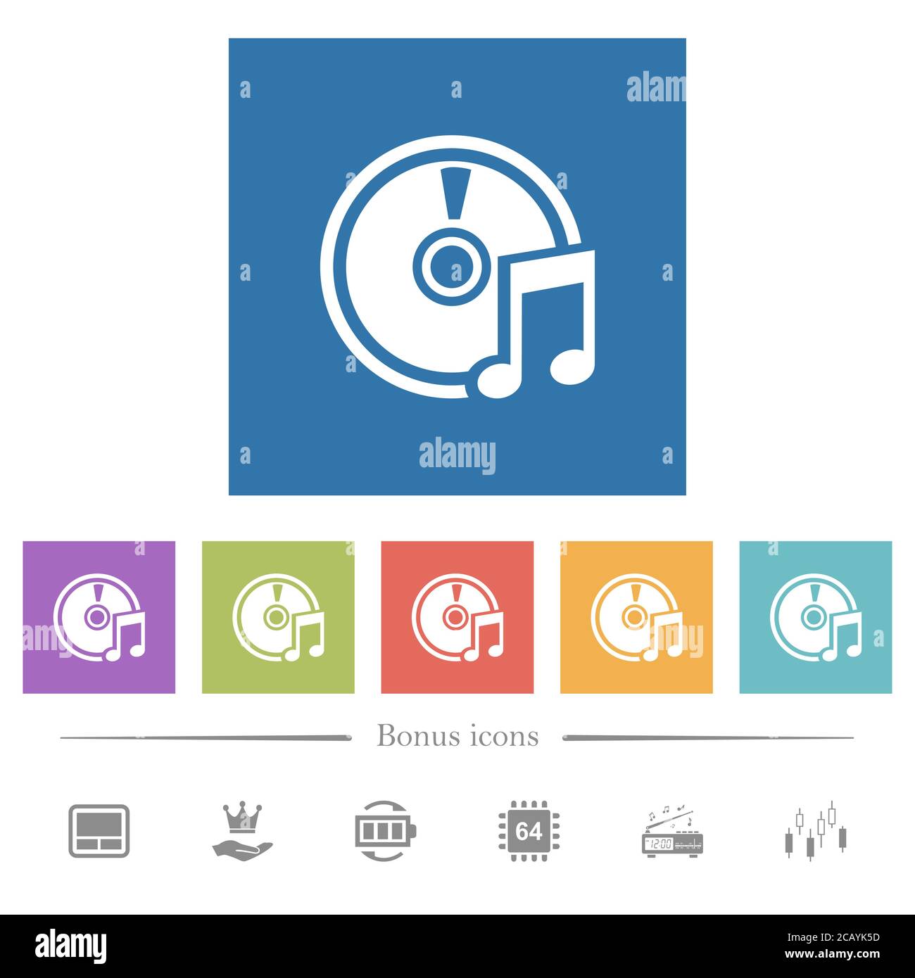 Audio CD flat white icons in square backgrounds. 6 bonus icons included ...