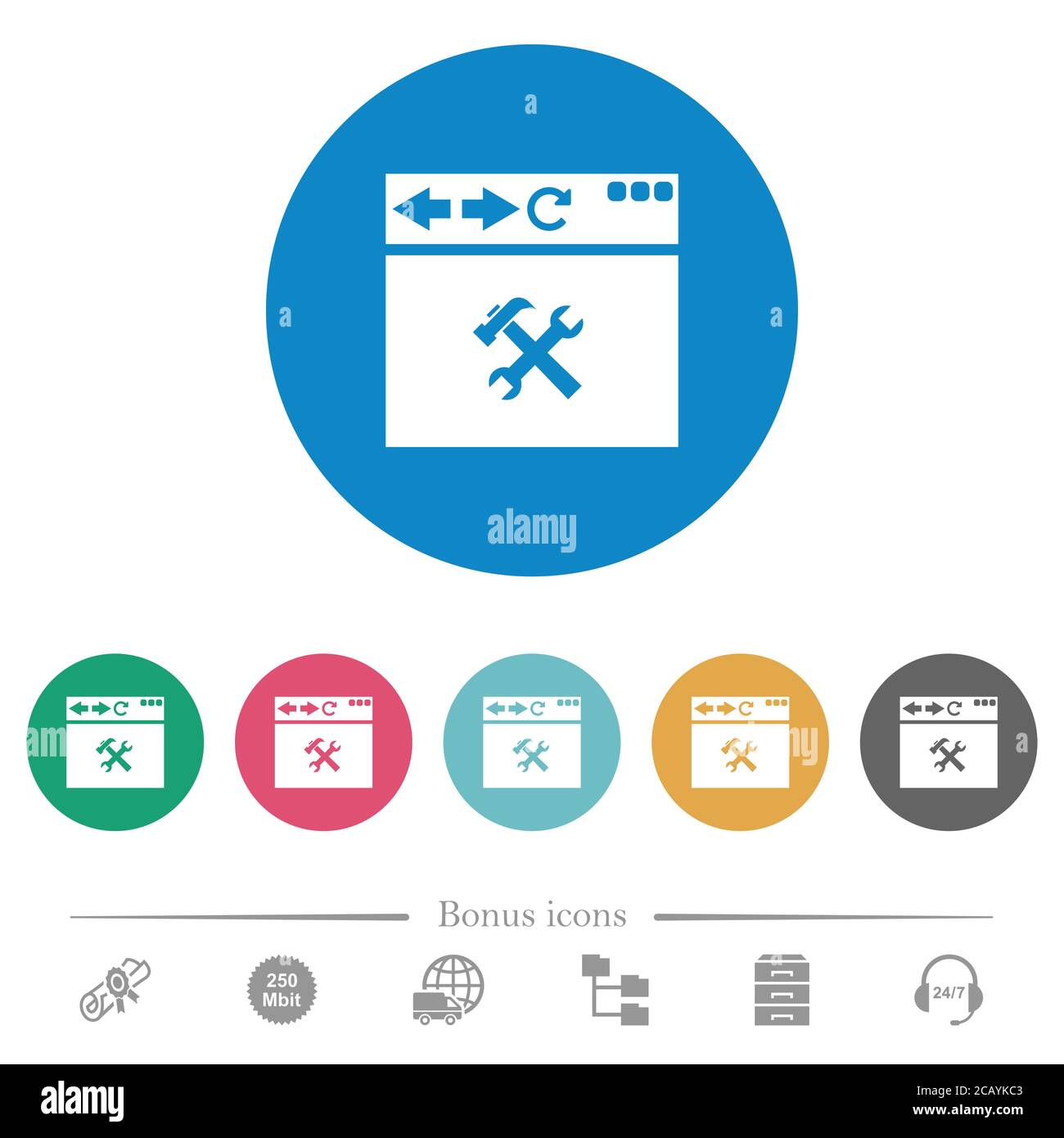 Browser tools flat white icons on round color backgrounds. 6 bonus ...