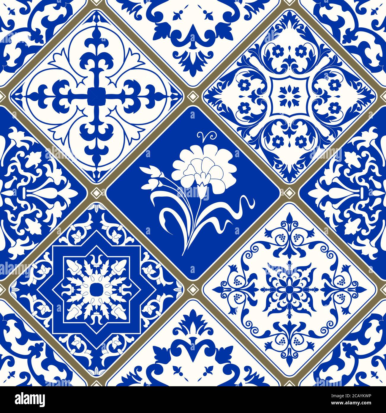 Seamless patchwork tile with Victorian motives. Majolica pottery tile ...