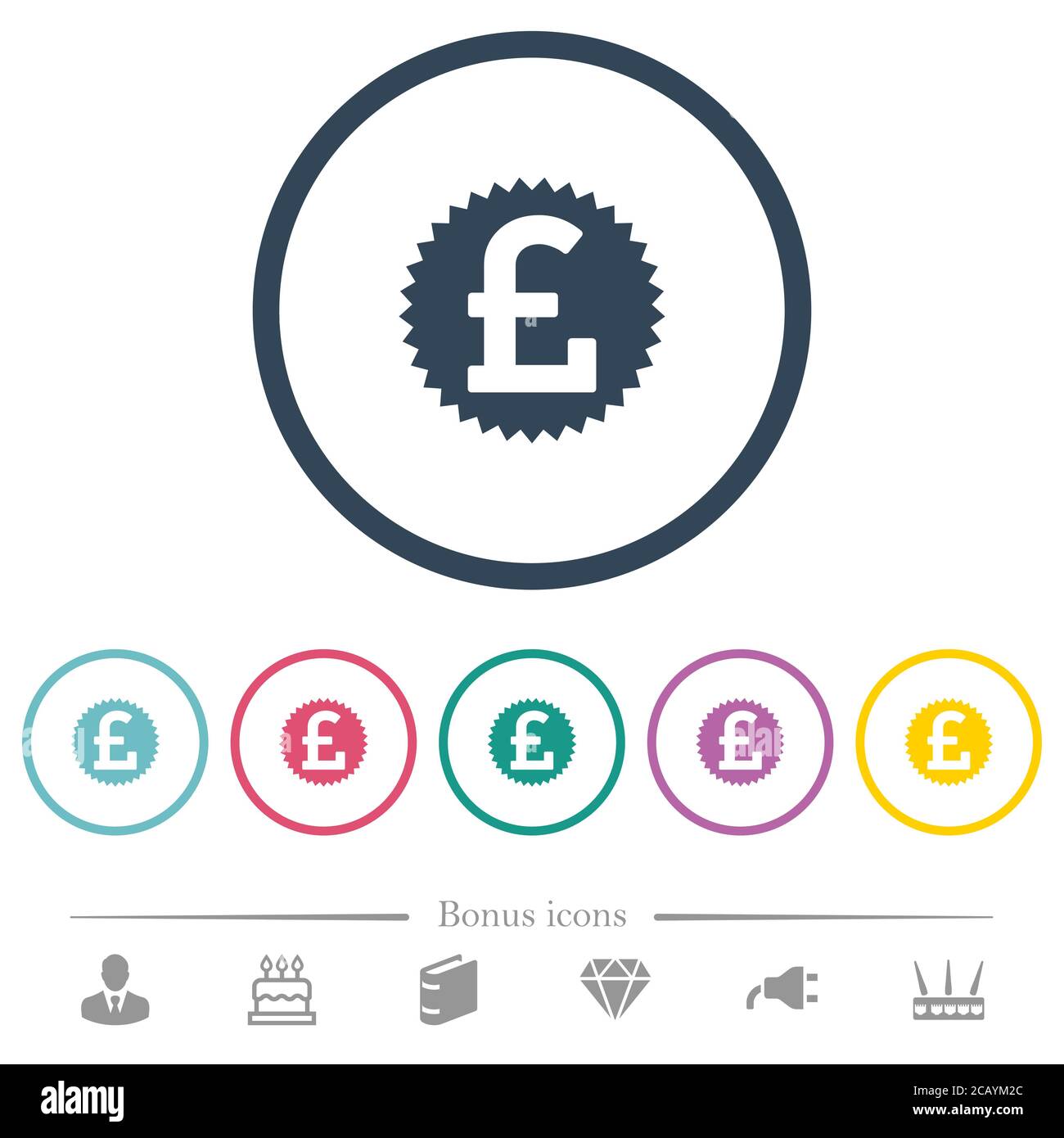 Pound sticker flat color icons in round outlines. 6 bonus icons ...