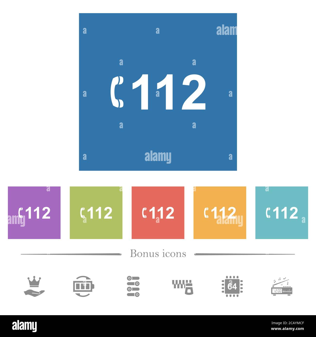 Emergency call 112 flat white icons in square backgrounds. 6 bonus ...