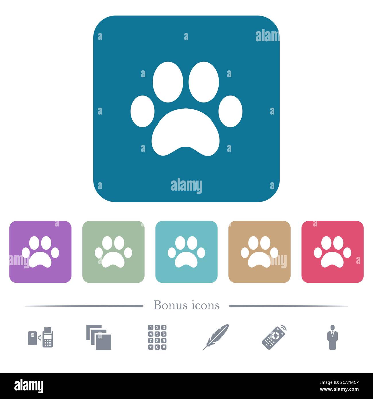 Paw prints white flat icons on color rounded square backgrounds. 6 bonus icons included Stock ...