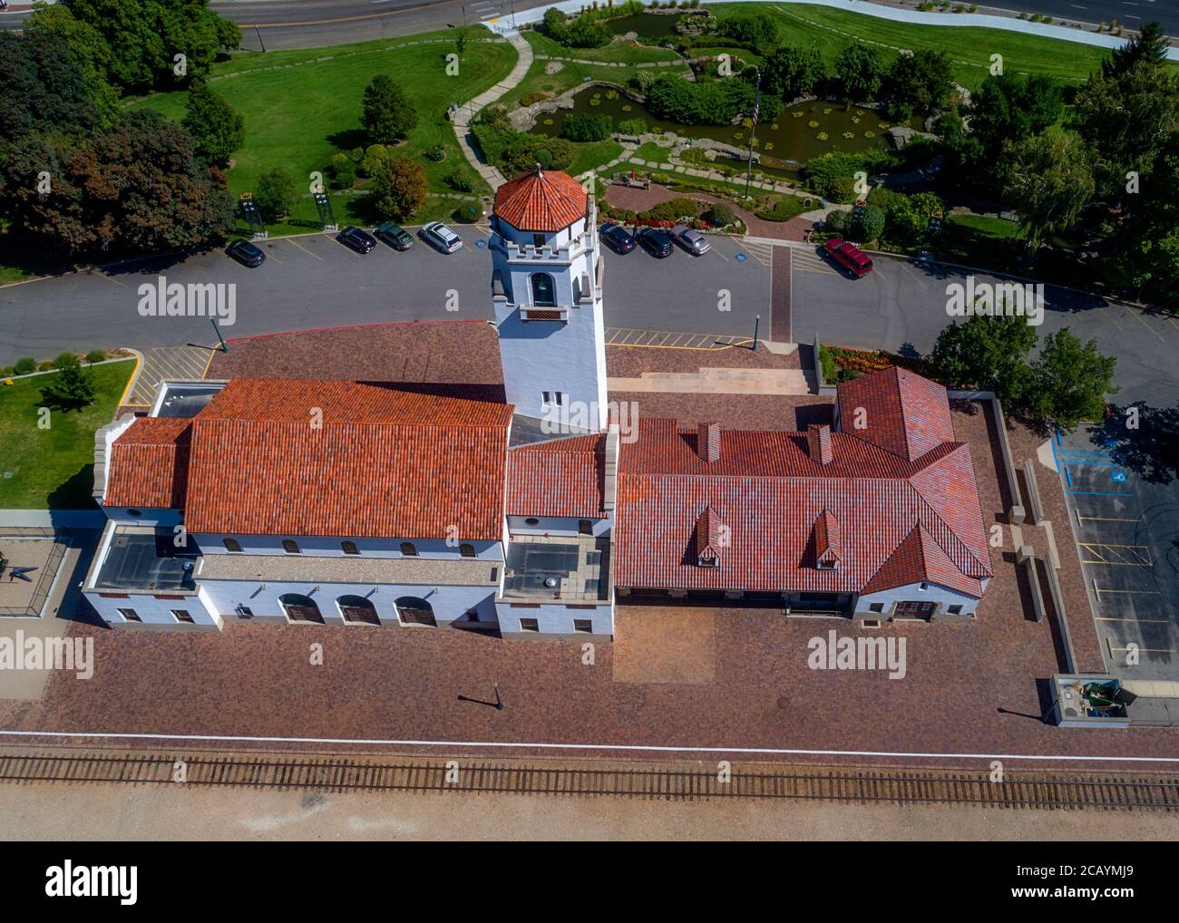 Beautiful Train Depot with railroad tracks and public park Stock Photo ...