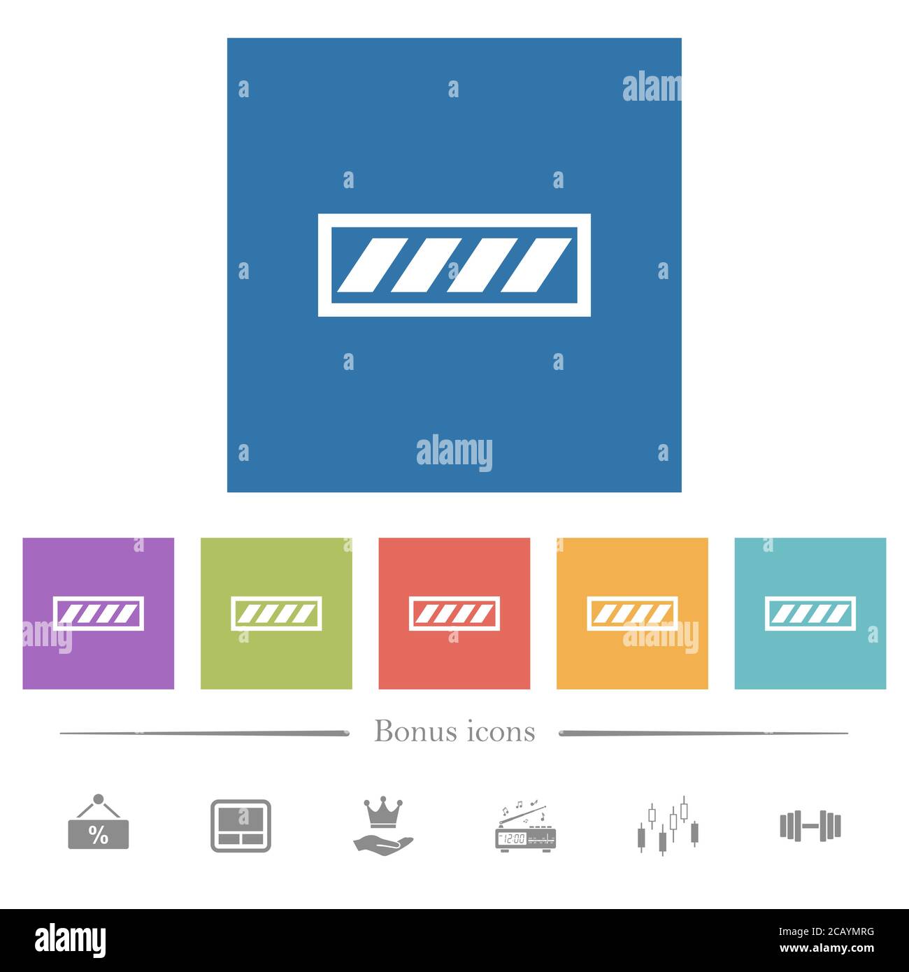 Progress bar flat white icons in square backgrounds. 6 bonus icons ...