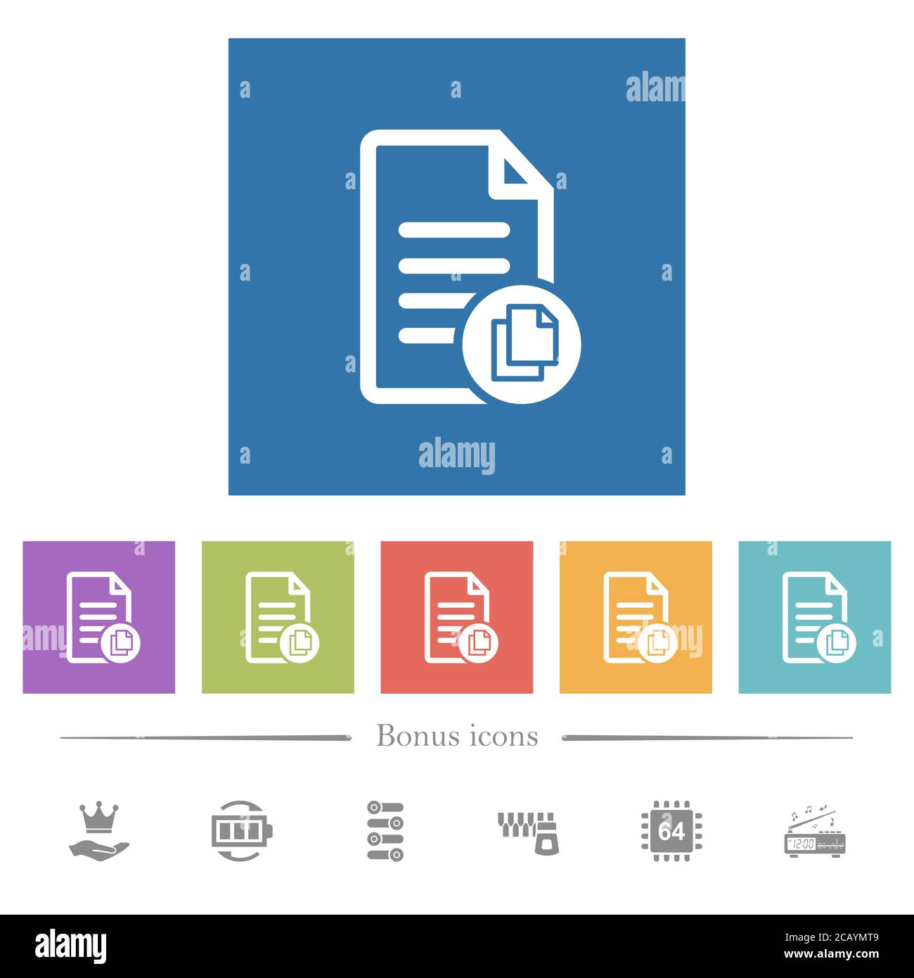 Copy document flat white icons in square backgrounds. 6 bonus icons ...