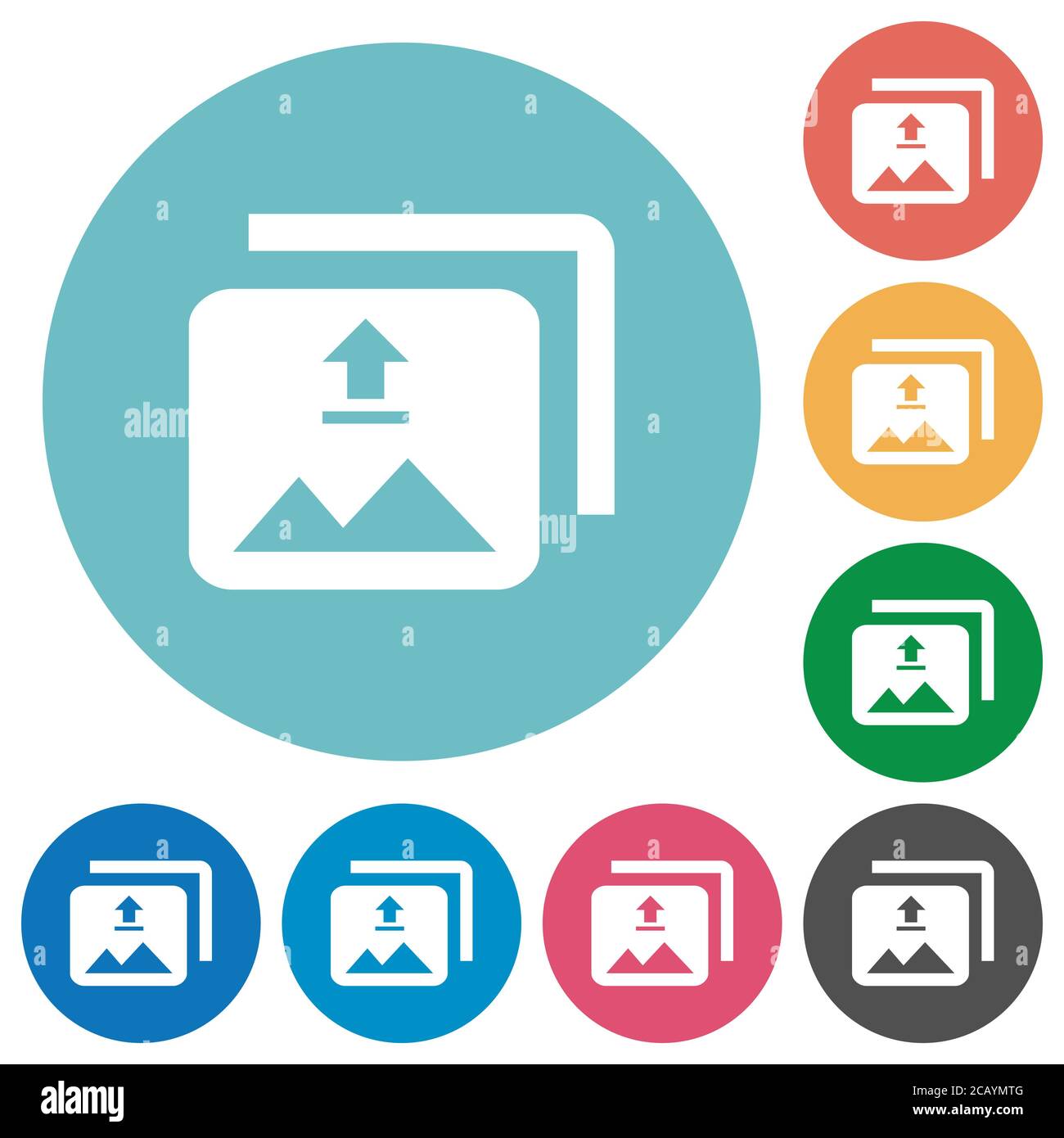 Upload multiple images flat white icons on round color backgrounds ...