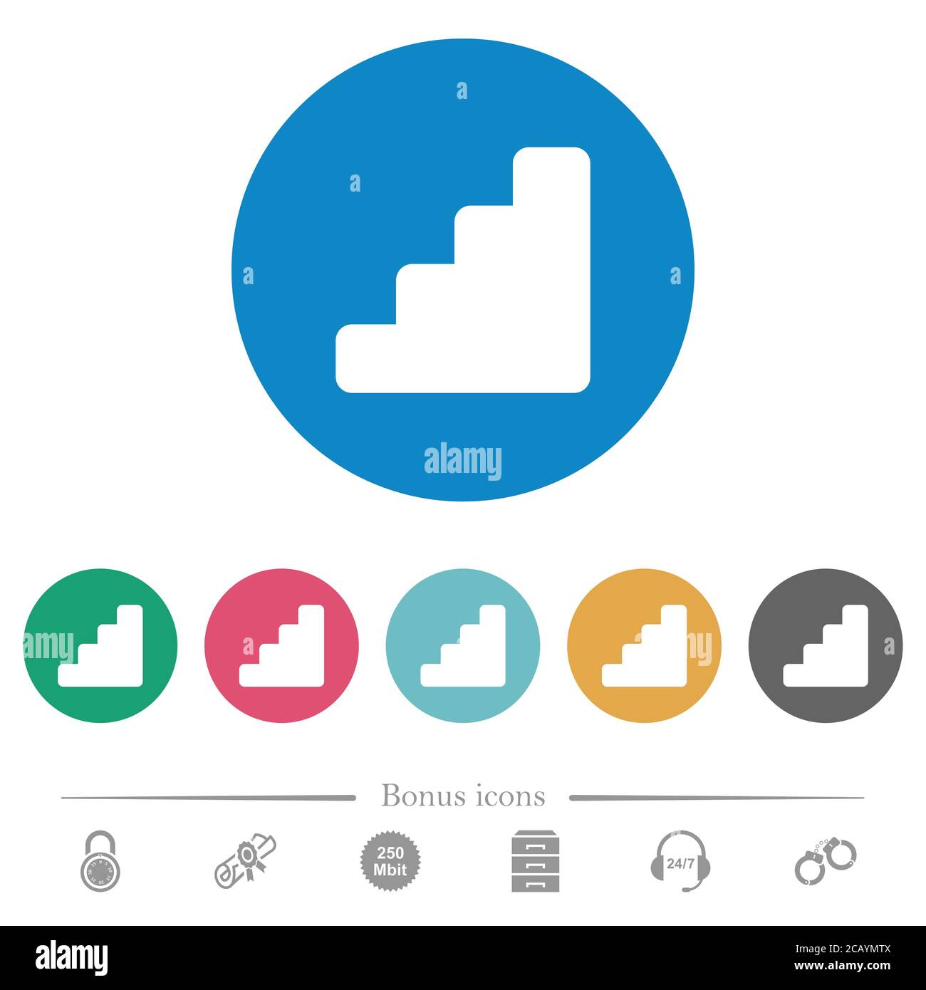 Stairs flat white icons on round color backgrounds. 6 bonus icons ...