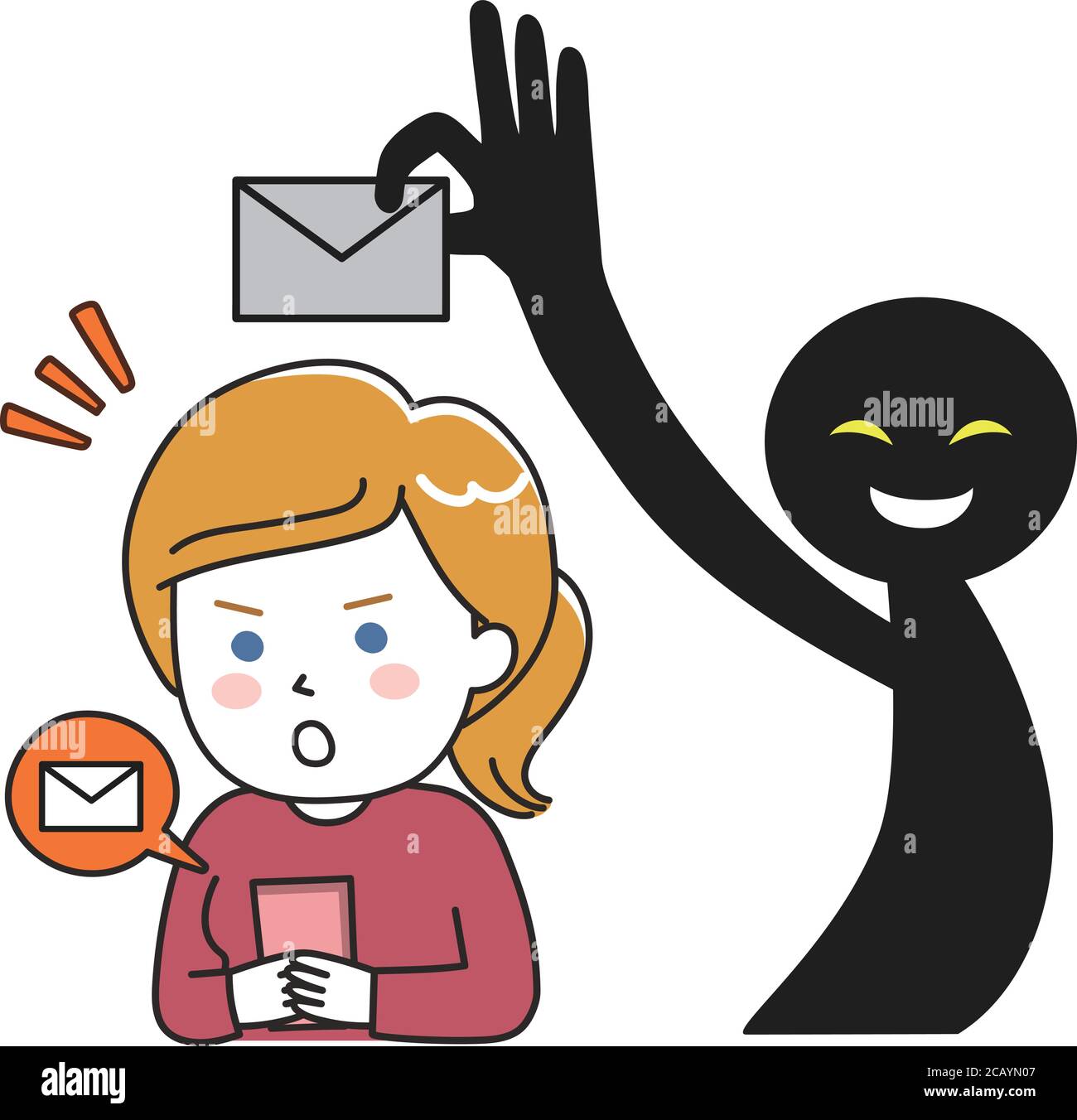 Woman got so much spam on the internet. Vector illustration isolated on ...