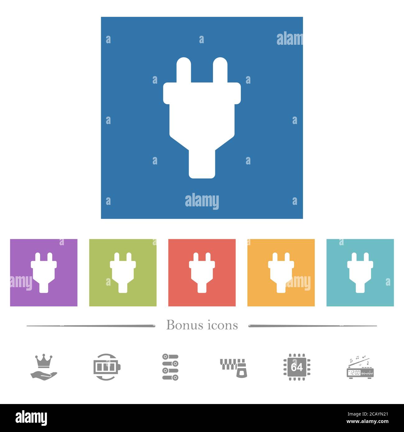 Power connector flat white icons in square backgrounds. 6 bonus icons ...