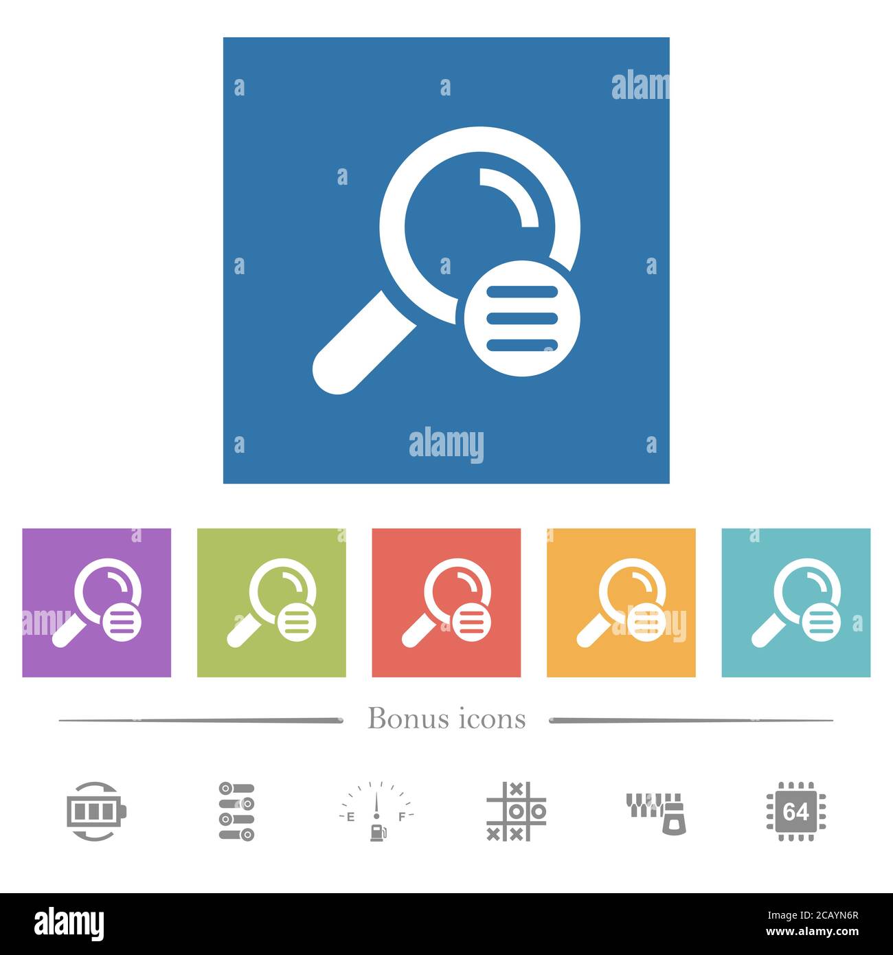 Search options flat white icons in square backgrounds. 6 bonus icons ...