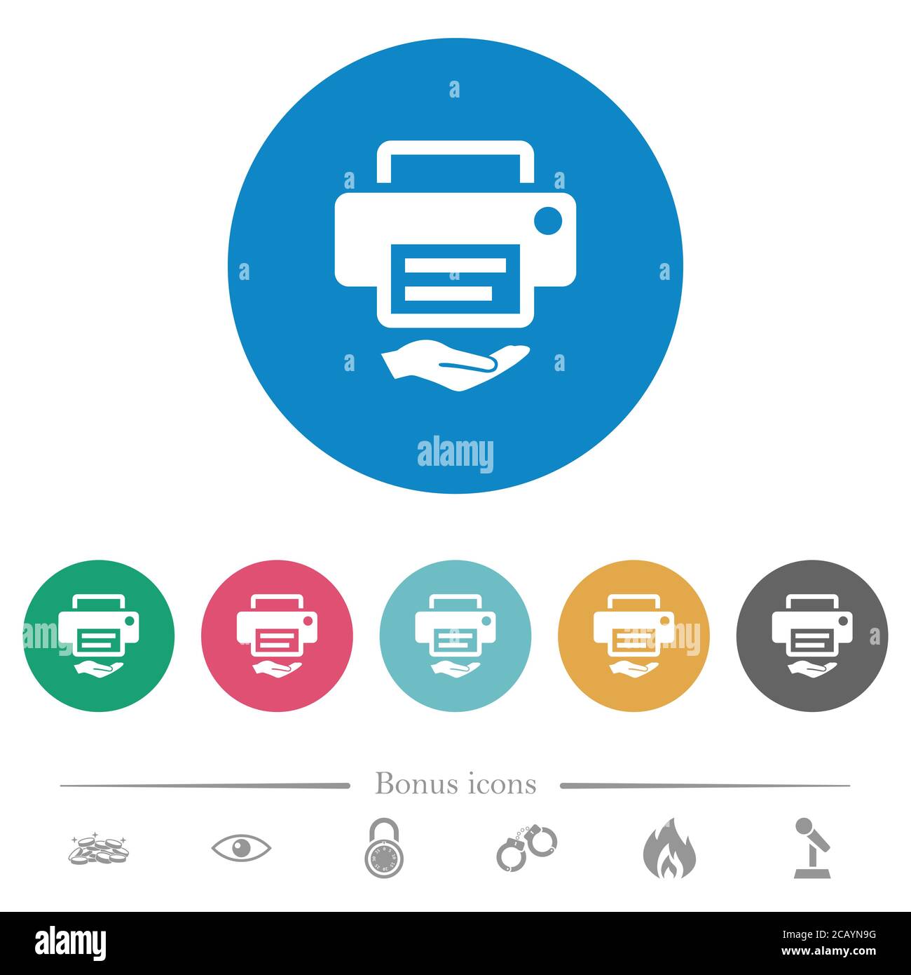 Shared printer flat white icons on round color backgrounds. 6 bonus ...