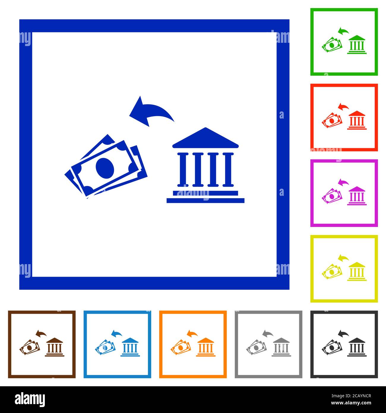 Cash withdrawal from bank flat color icons in square frames on white ...