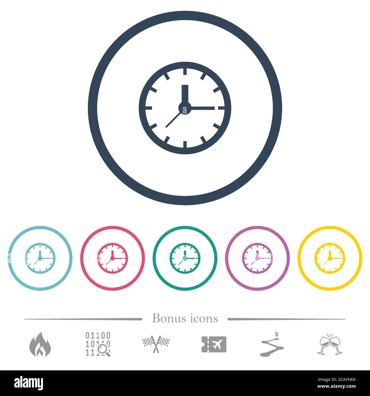 Analog clock flat color icons in round outlines. 6 bonus icons included ...
