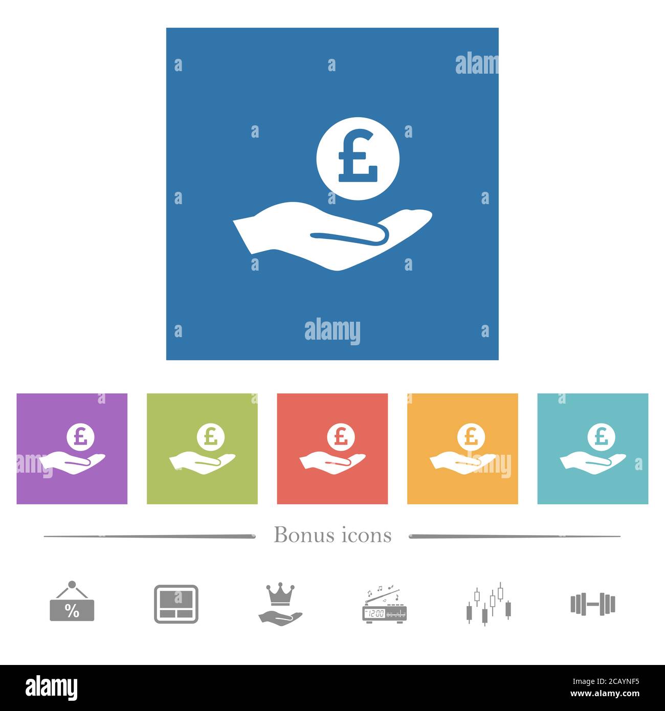 Pound earnings flat white icons in square backgrounds. 6 bonus icons ...