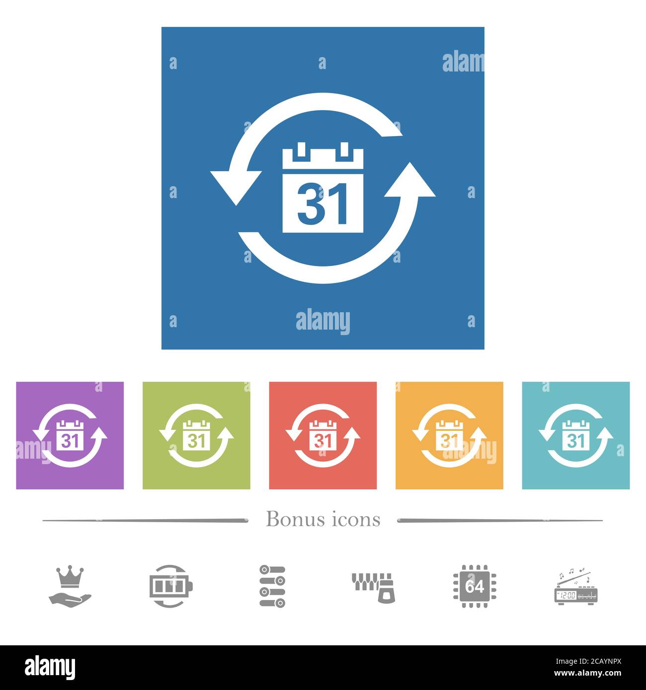 Monthly subscription flat white icons in square backgrounds. 6 bonus ...