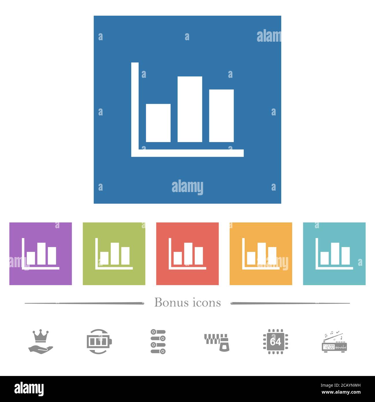 Statistics flat white icons in square backgrounds. 6 bonus icons ...