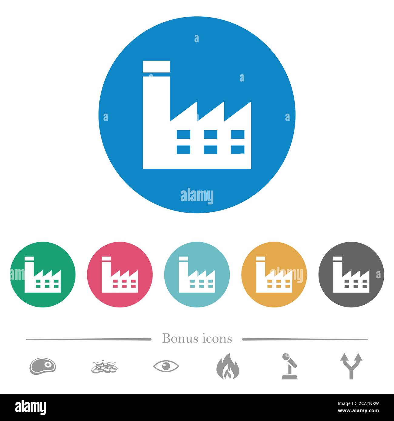 Factory building flat white icons on round color backgrounds. 6 bonus ...