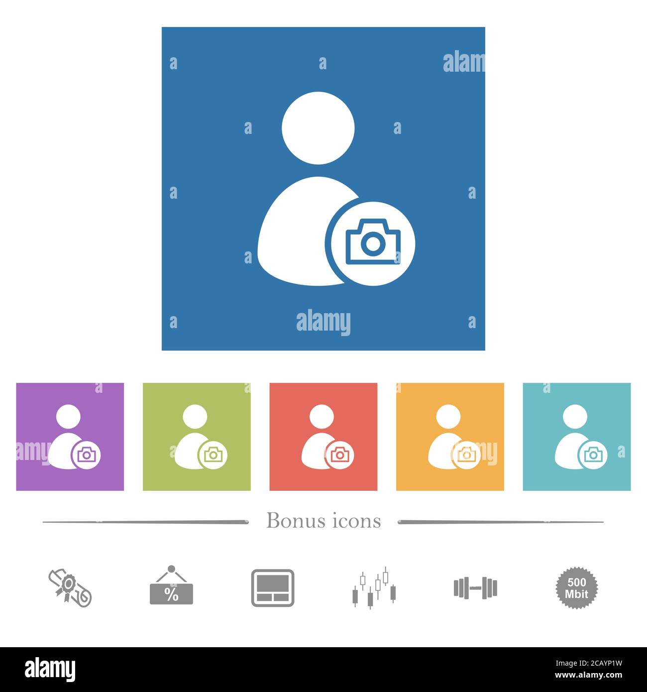 Account profile photo flat white icons in square backgrounds. 6 bonus ...