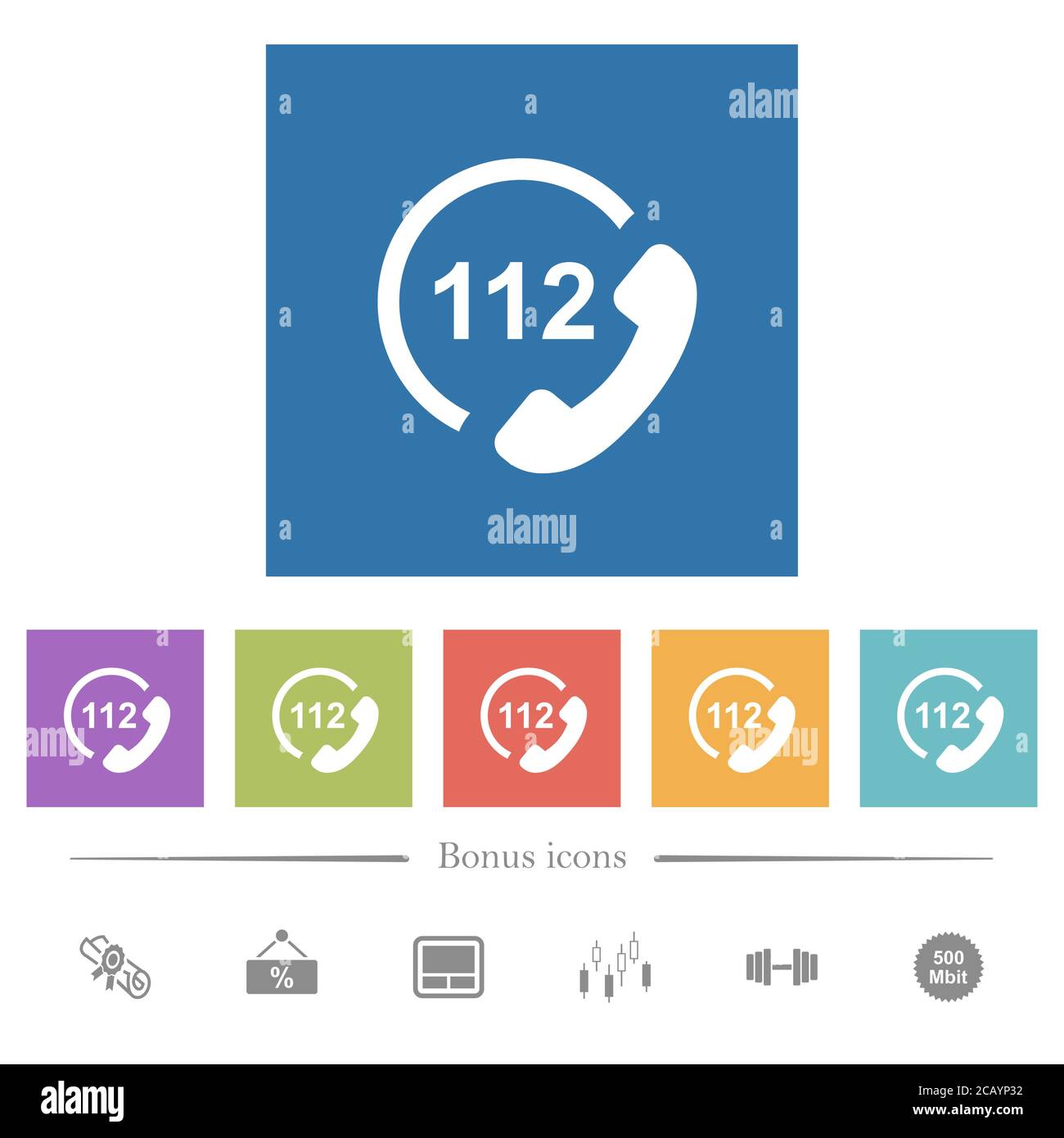 Emergency call 112 flat white icons in square backgrounds. 6 bonus ...