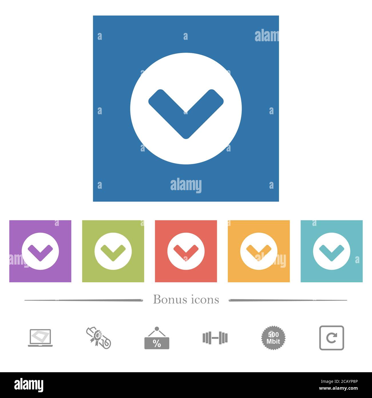 Chevron down flat white icons in square backgrounds. 6 bonus icons ...