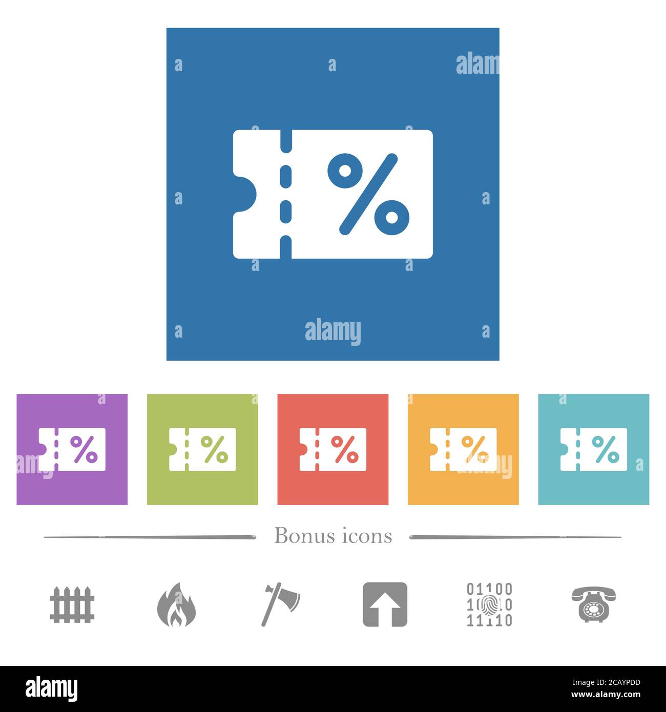 Coupon flat white icons in square backgrounds. 6 bonus icons included ...