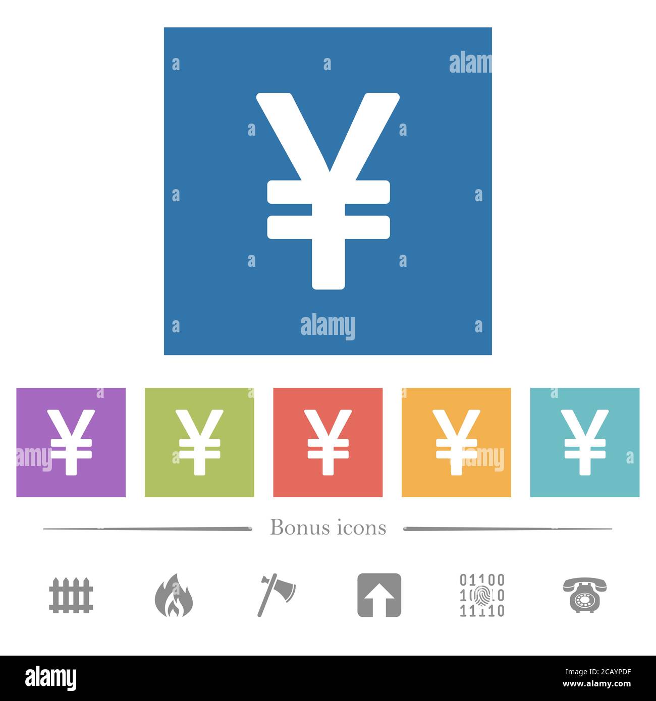 Japanese Yen sign flat white icons in square backgrounds. 6 bonus icons ...