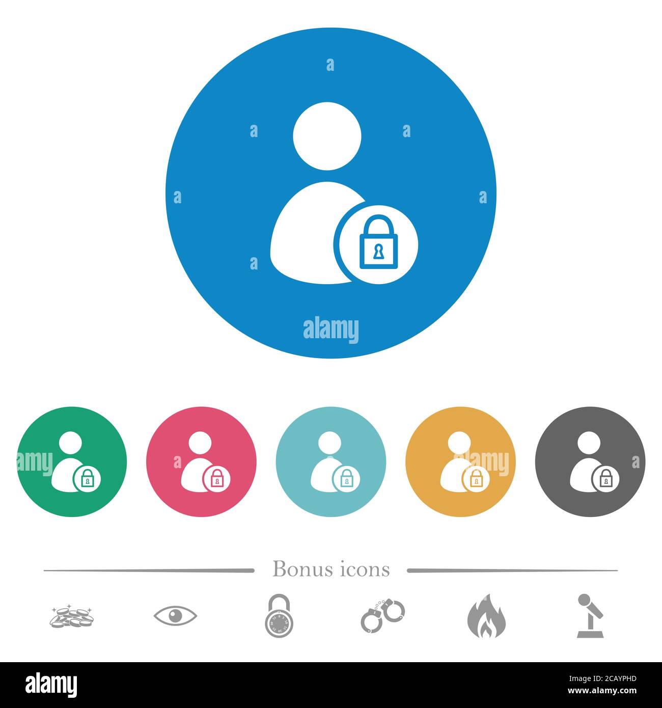 Lock user account flat white icons on round color backgrounds. 6 bonus ...