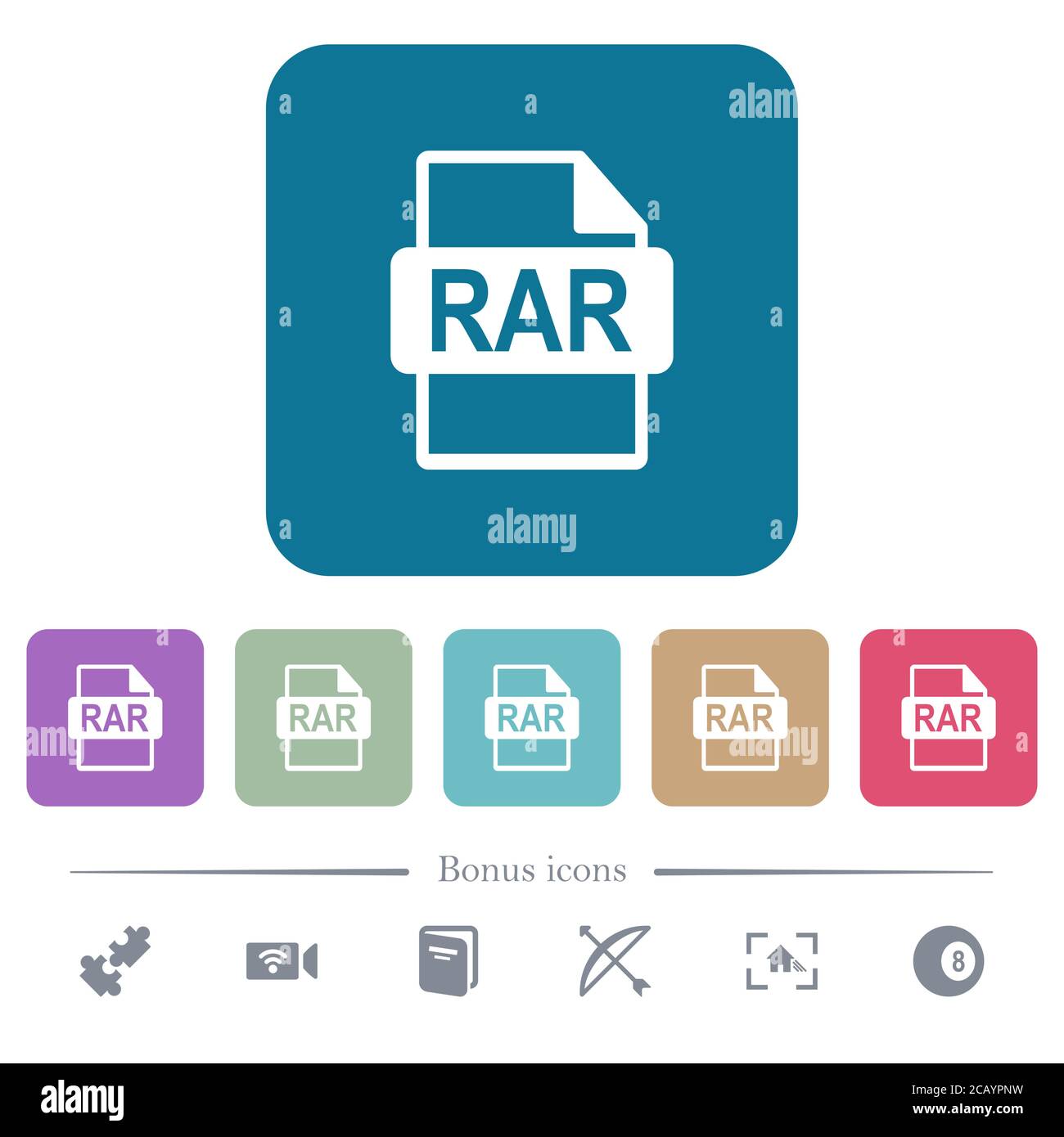 RAR file format white flat icons on color rounded square backgrounds. 6 ...