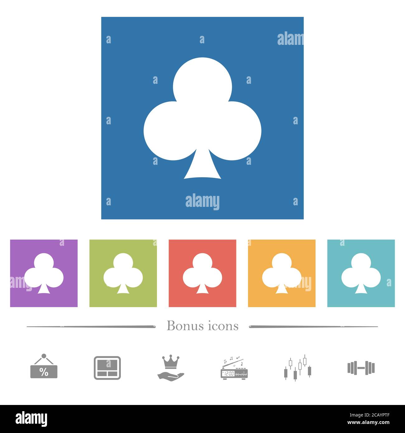 Club card symbol flat white icons in square backgrounds. 6 bonus icons ...