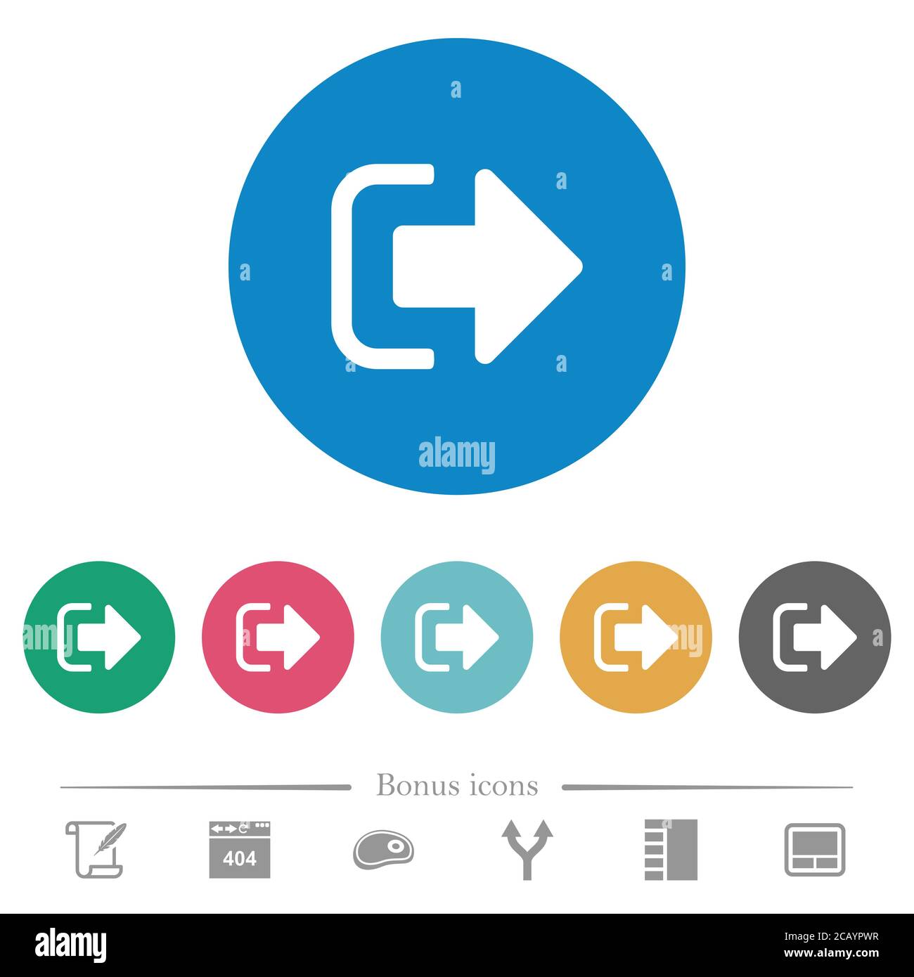 Sign out flat white icons on round color backgrounds. 6 bonus icons ...