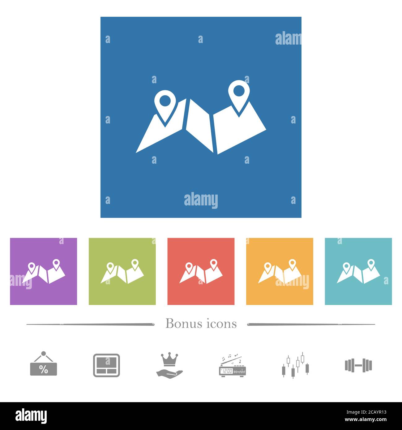Route plan flat white icons in square backgrounds. 6 bonus icons ...