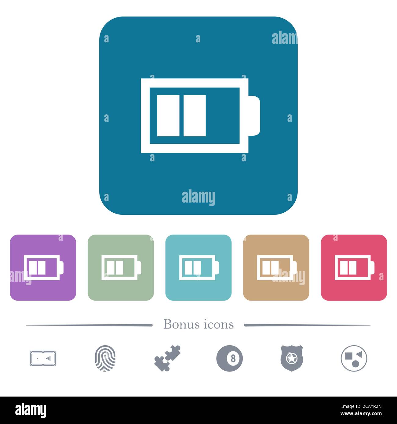 Half battery with two load units white flat icons on color rounded ...