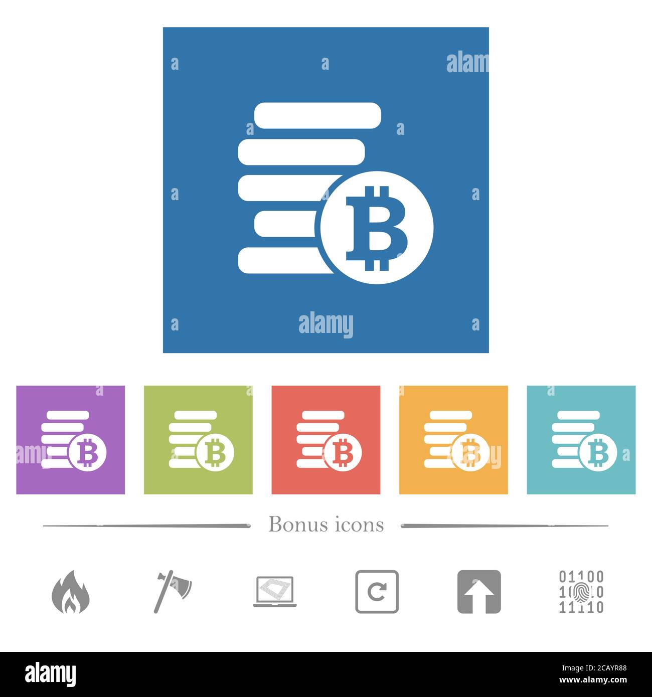 Bitcoins flat white icons in square backgrounds. 6 bonus icons included ...