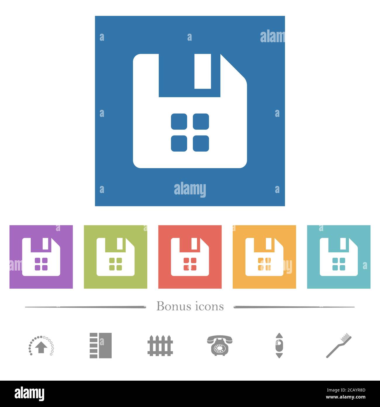 File components flat white icons in square backgrounds. 6 bonus icons ...