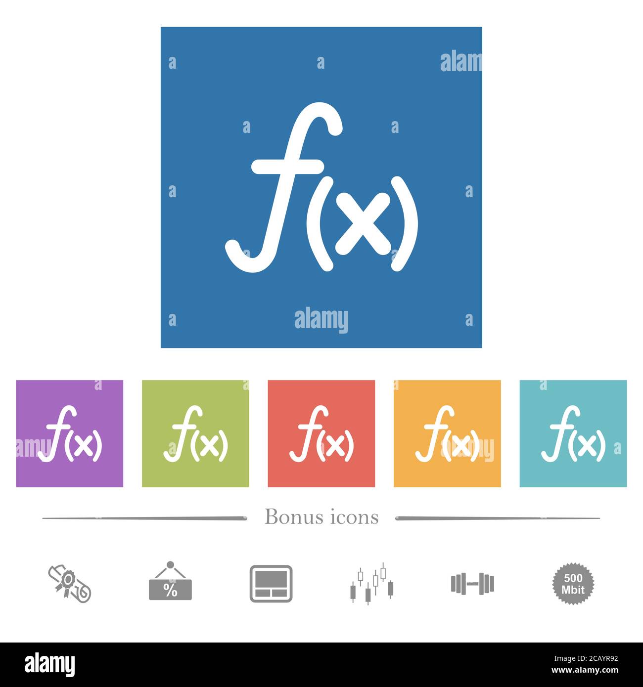 Function flat white icons in square backgrounds. 6 bonus icons included ...