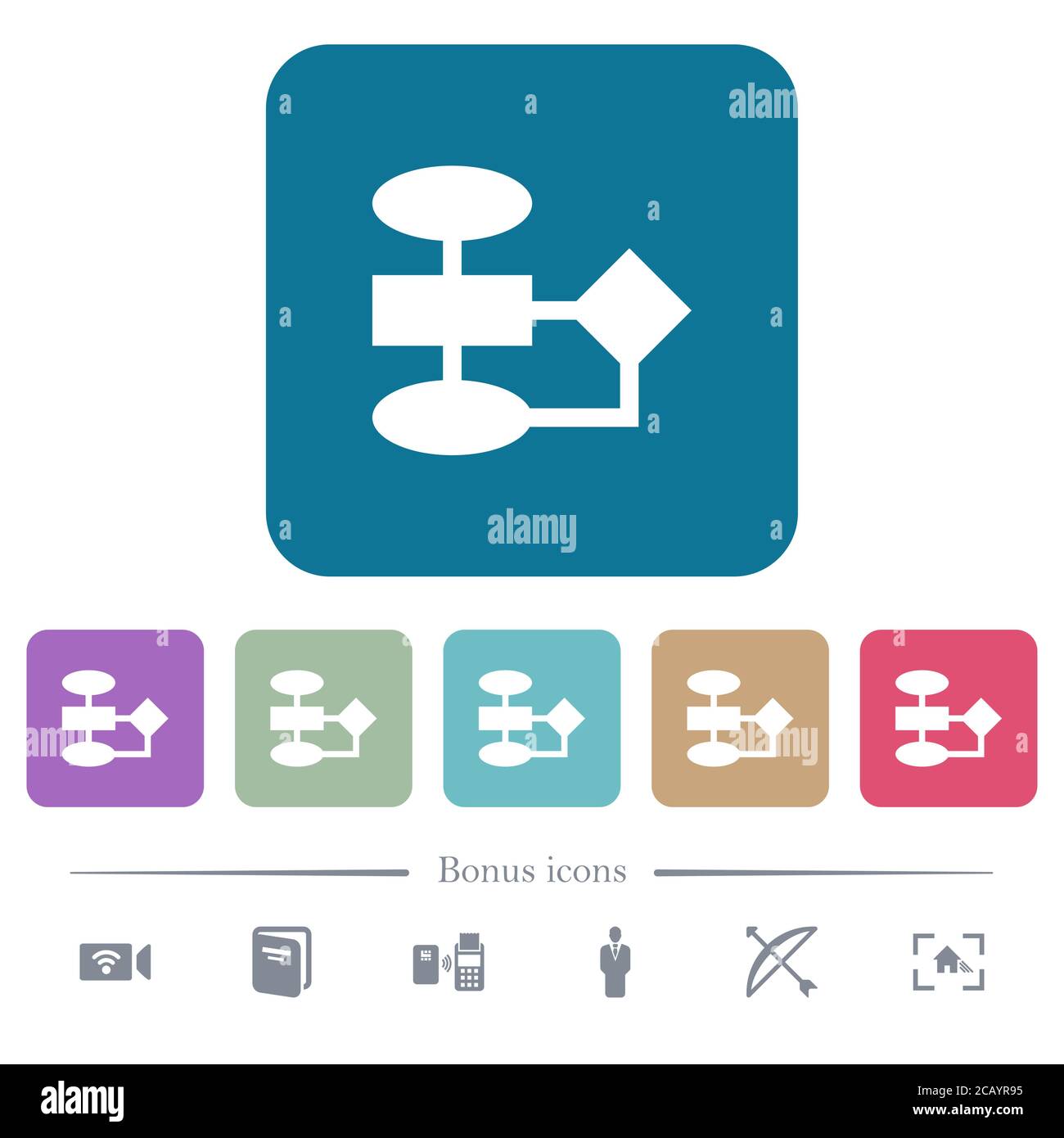 Flowchart white flat icons on color rounded square backgrounds. 6 bonus ...
