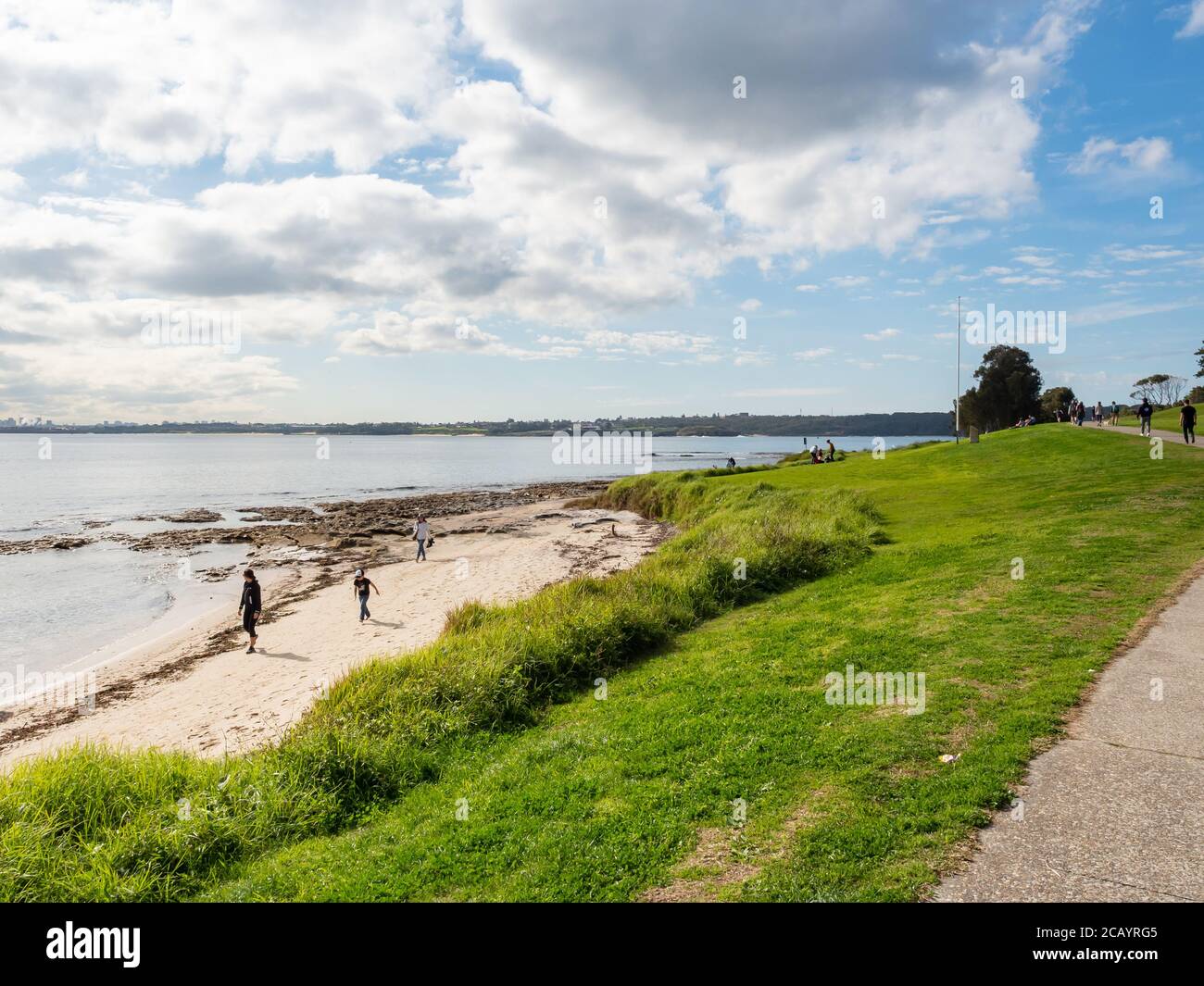 Grass Area and Harbour Beach in Kurnell and Botany Bay Background blur ...