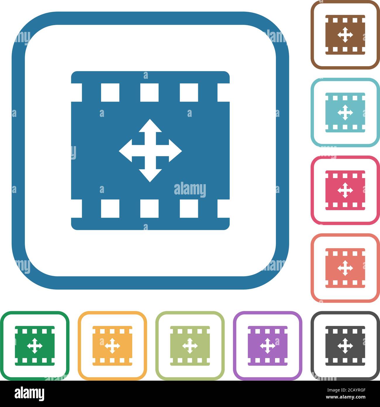 Move movie simple icons in color rounded square frames on white ...